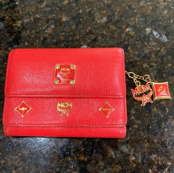 MCM | Bags | Authentic Mcm Red Med Leather Studded Logo Motifs Trifold ...